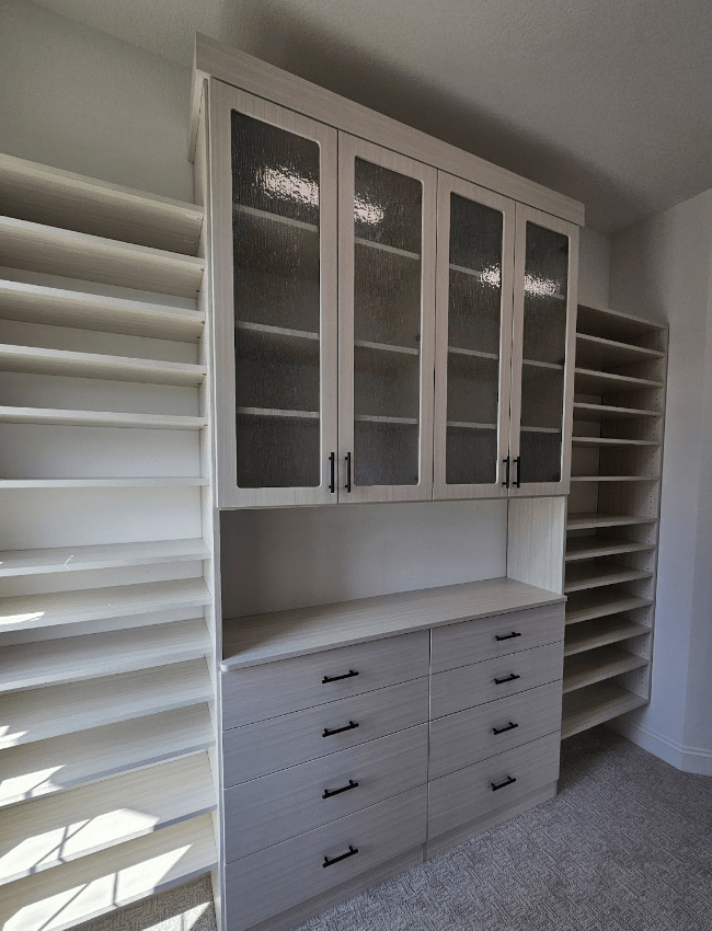 White Chocolate Closet with Black Rods and Glass Panels - Chicagoland ...