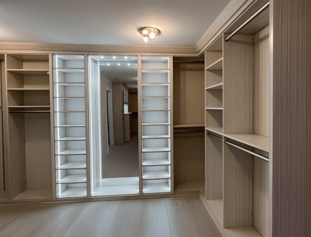 Primary Closet with Full-Length Mirror and Custom Lighting ...