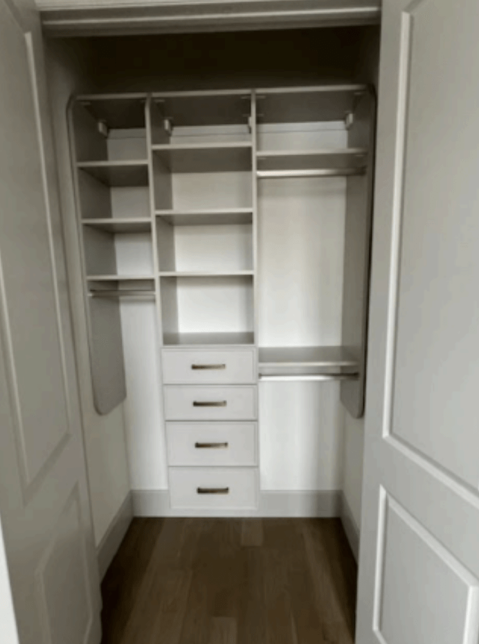 Closet in “Morning Dew” with Slim Shaker Fronts - Chicagoland Home Products